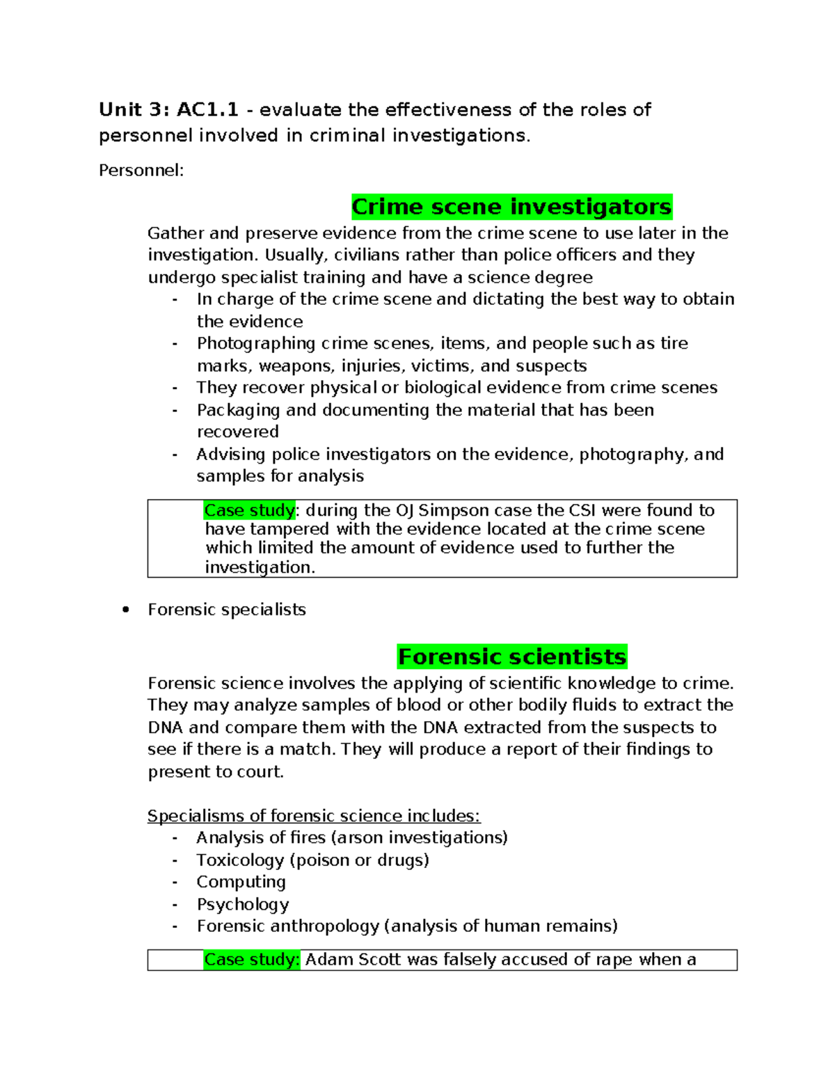 Evaluating Roles of Personnel in Criminal Investigations: Criminology Unit 3 AC1.1 - Studocu