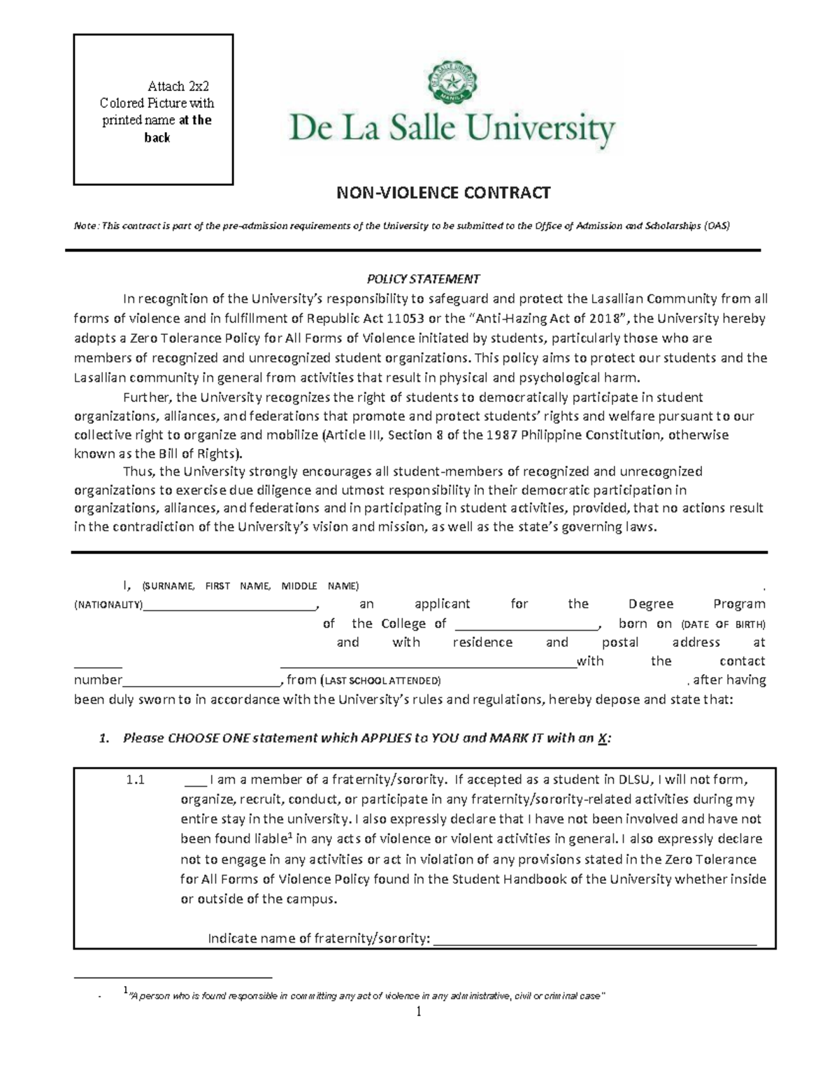 [ Template] Non-Violence Contract - 1 NON-VIOLENCE CONTRACT Note: This ...