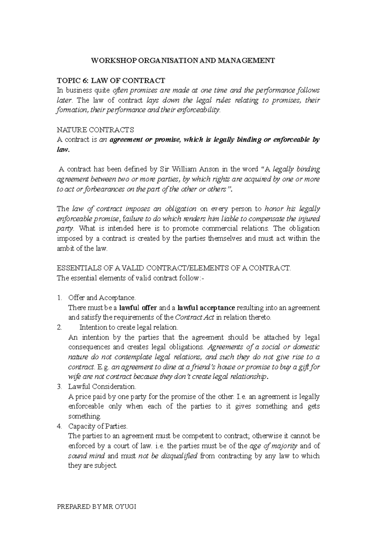 WOM 101 Workshop Organisation & Management Notes - Part 7 - Studocu