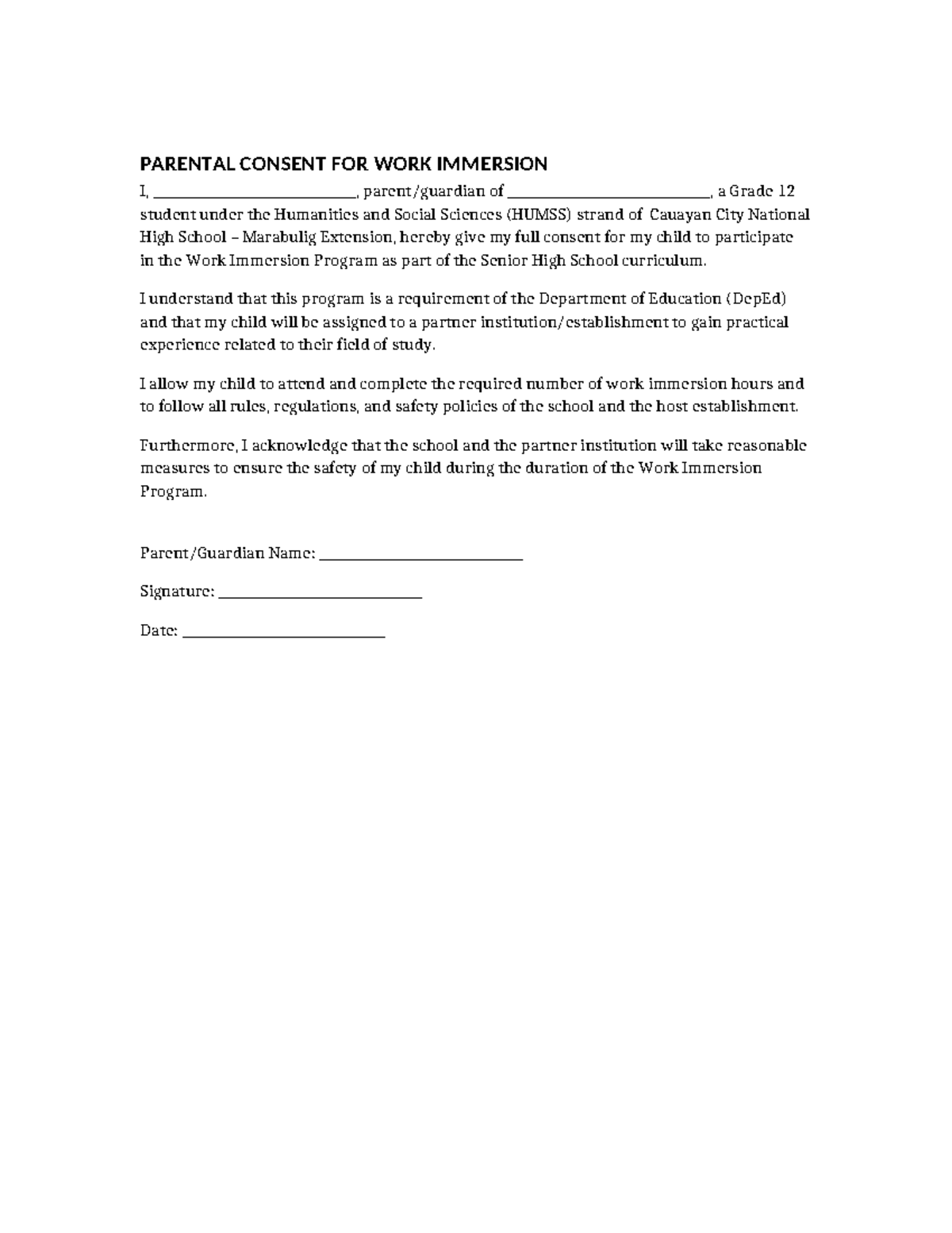 Parental Consent for Work Immersion I - Grade 12 HUMSS - Studocu
