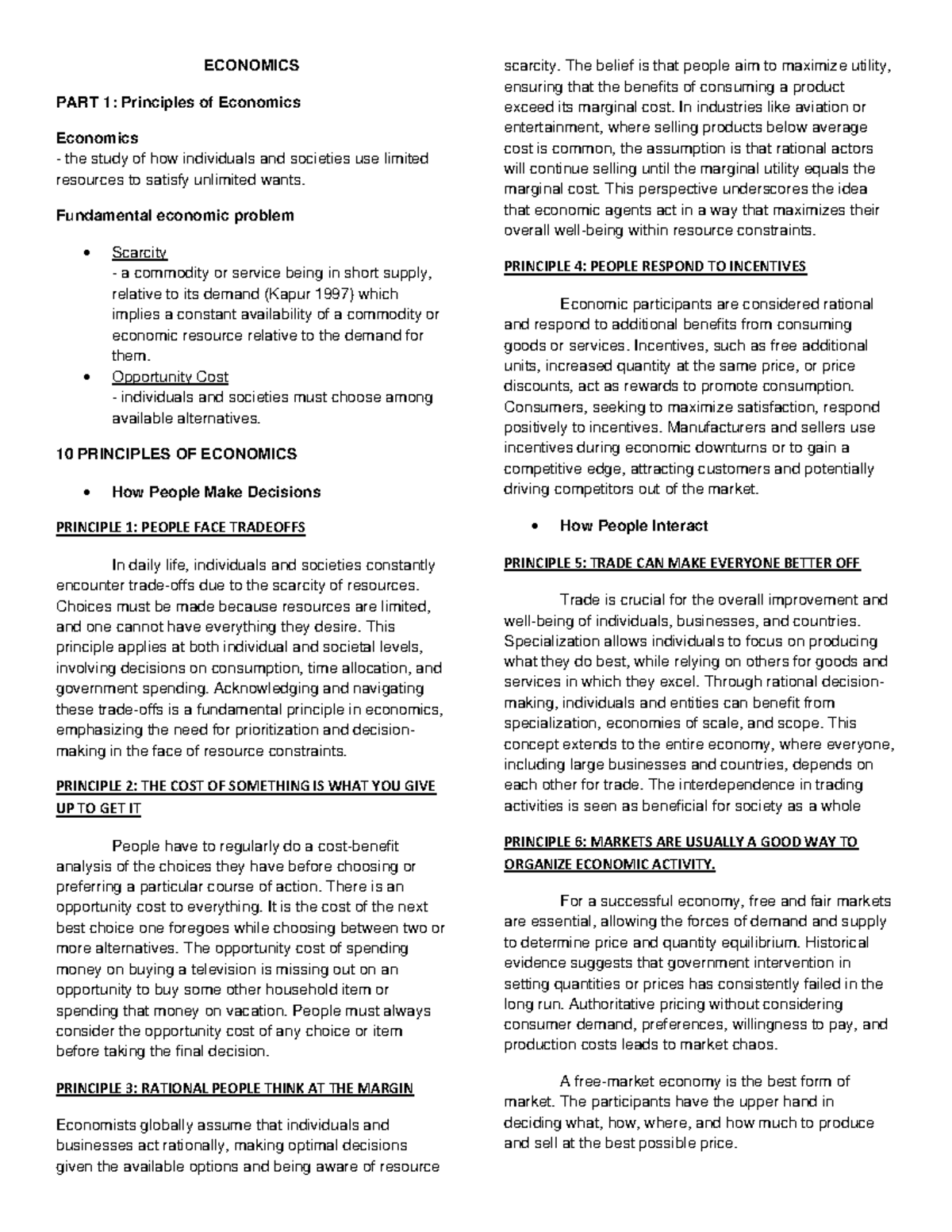 Reviewer-econ - 1st year - ECONOMICS PART 1: Principles of Economics ...