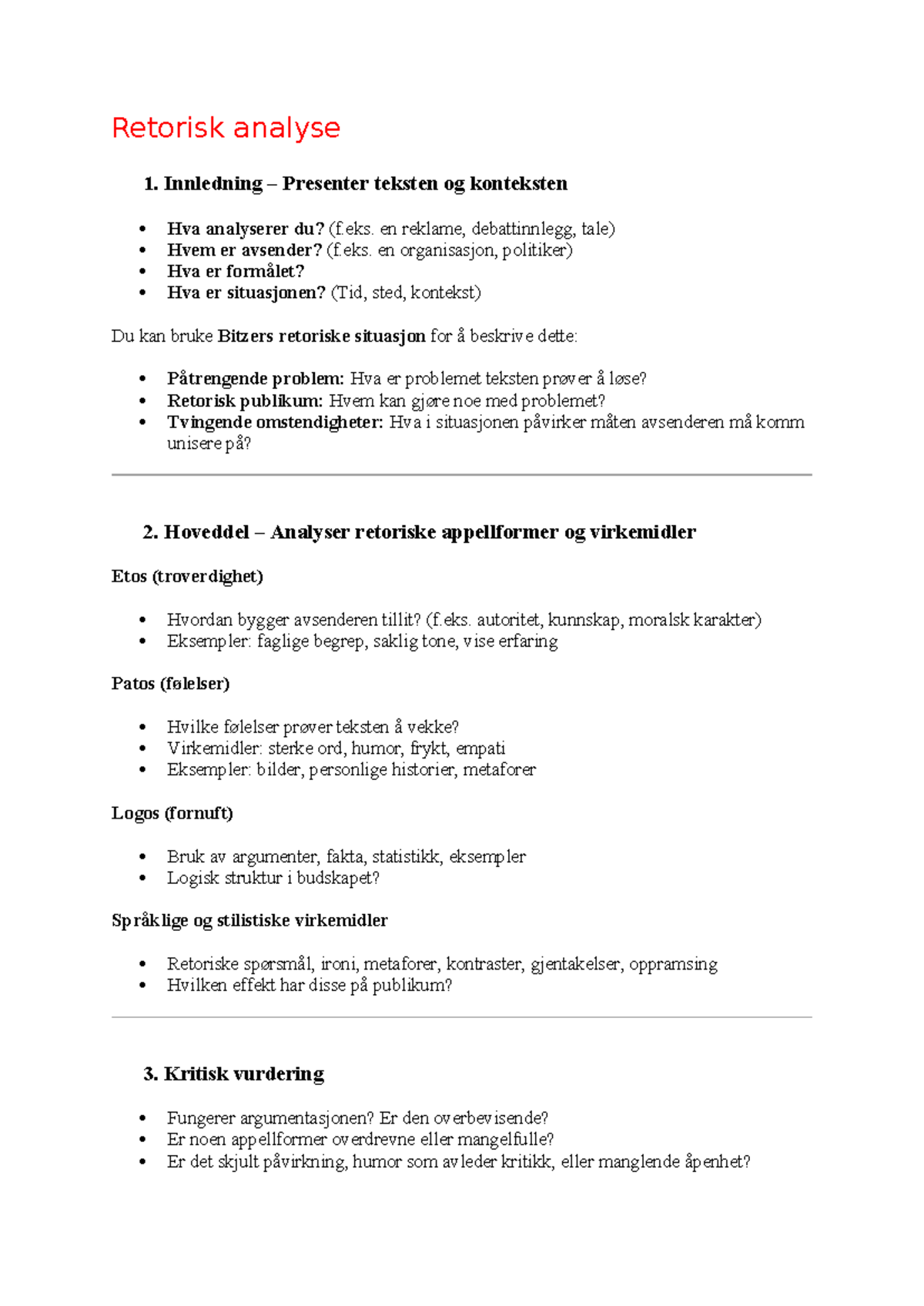 Retorisk Analyse og Oppsett av Tekst: Innledning, Hoveddel, Avslutning - Studocu