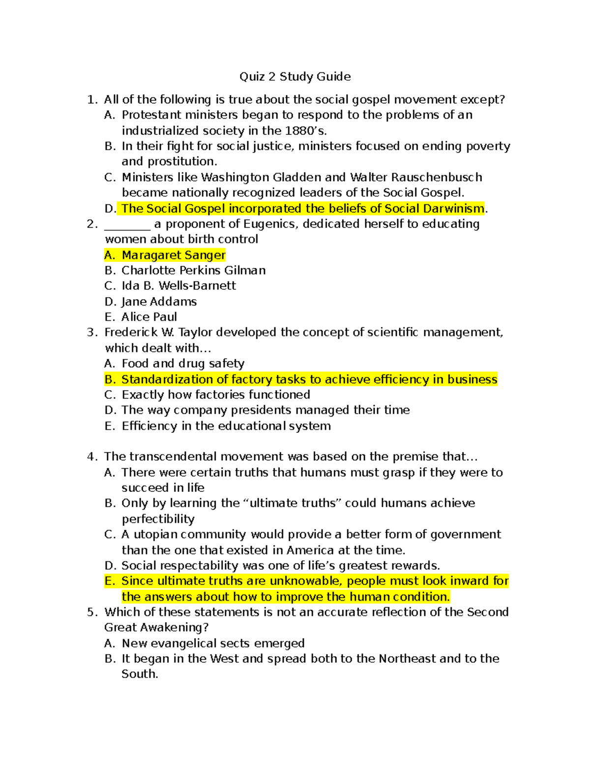 Quiz 2 Study Guide GCU: Key Concepts of Social Gospel & American ...