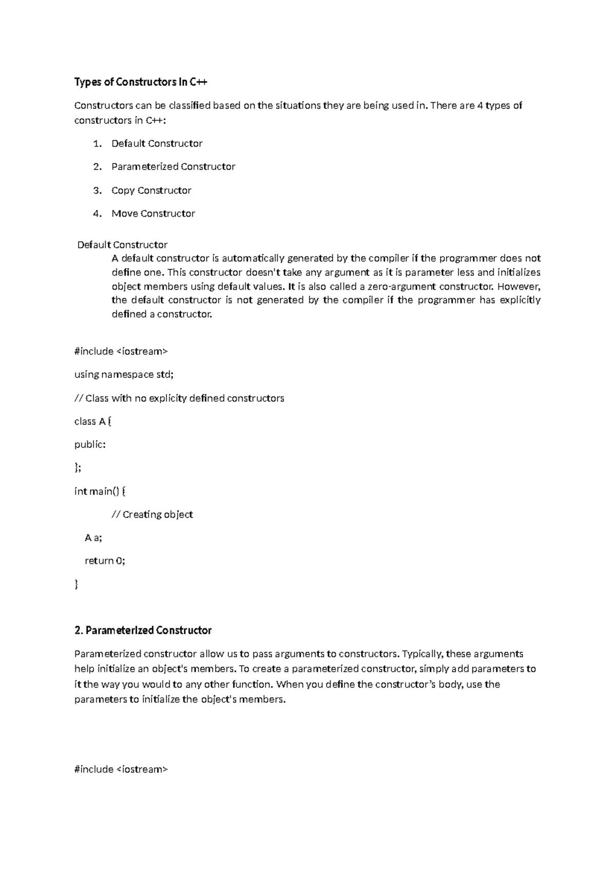 Types of Constructors in C: Default, Parameterized, Copy, Move - Studocu