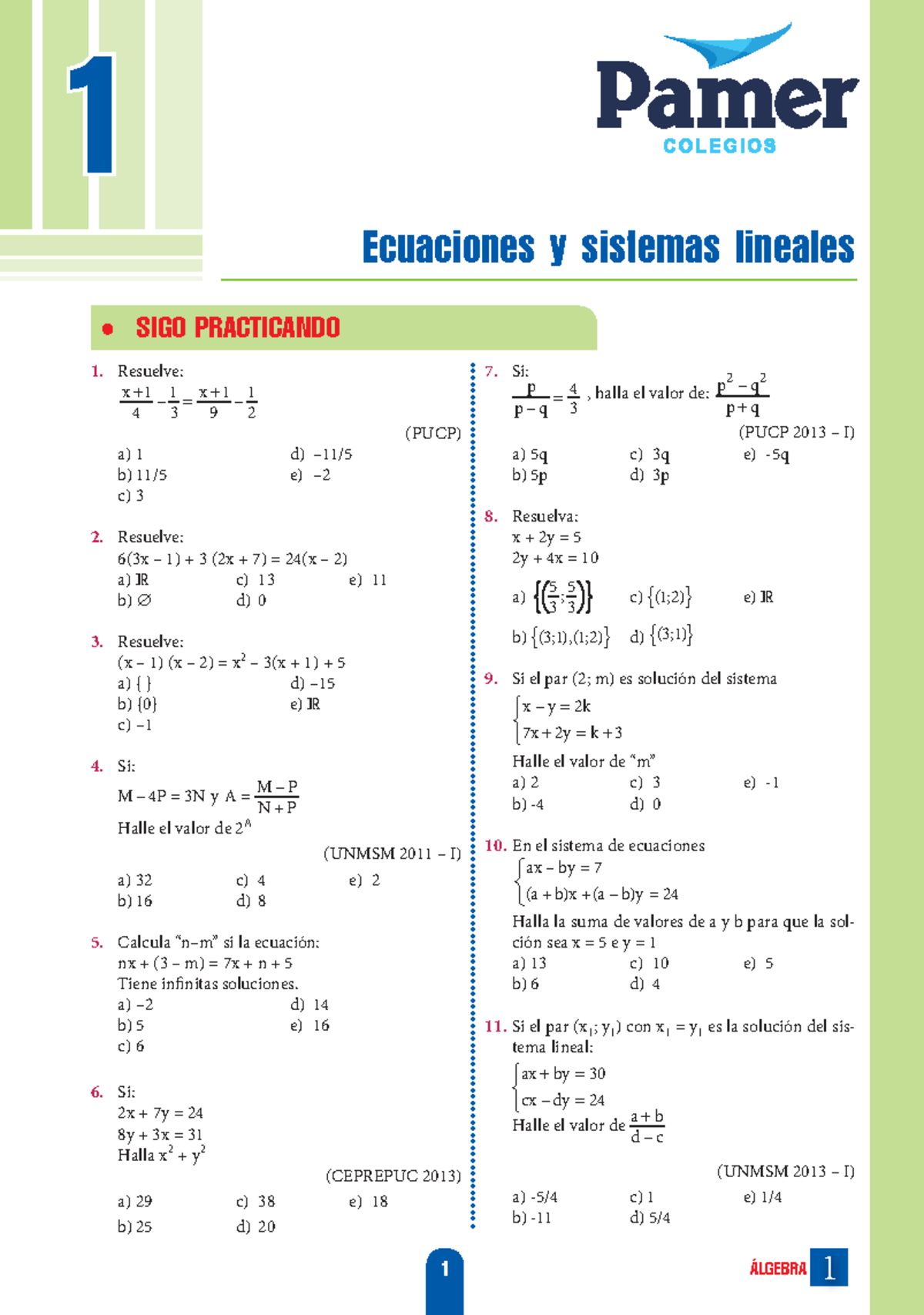 Álgebra 5to. año - Práctica de Ecuaciones y Sistemas Lineales (PUCP) - Studocu