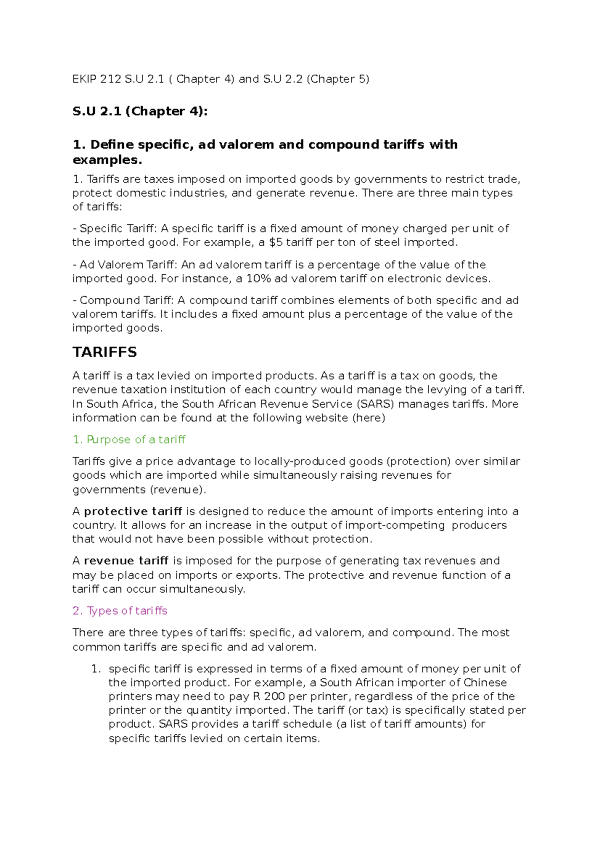 EKIP 212 Test 2 S.U 2.1 & 2.2: Tariffs and Trade Effects Summary - Studocu