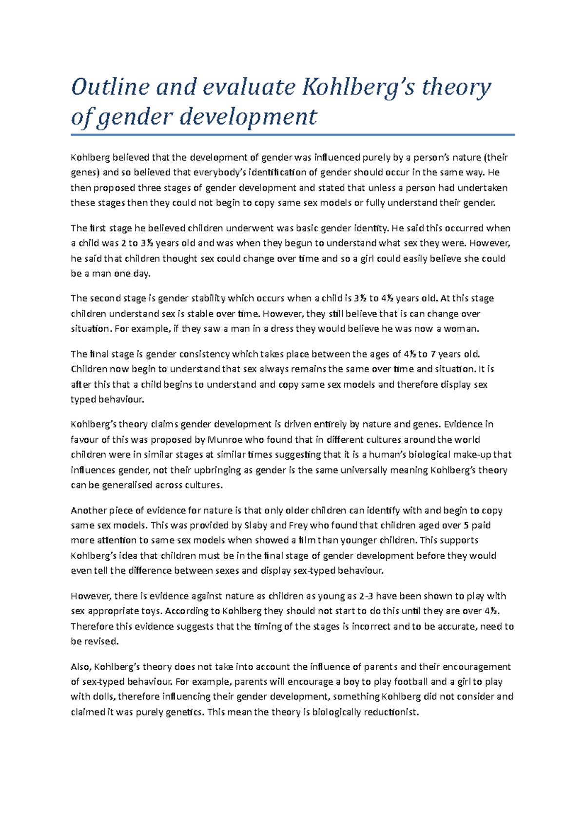 Kohlberg’s Theory of Gender Development: Outline & Evaluation - Studocu