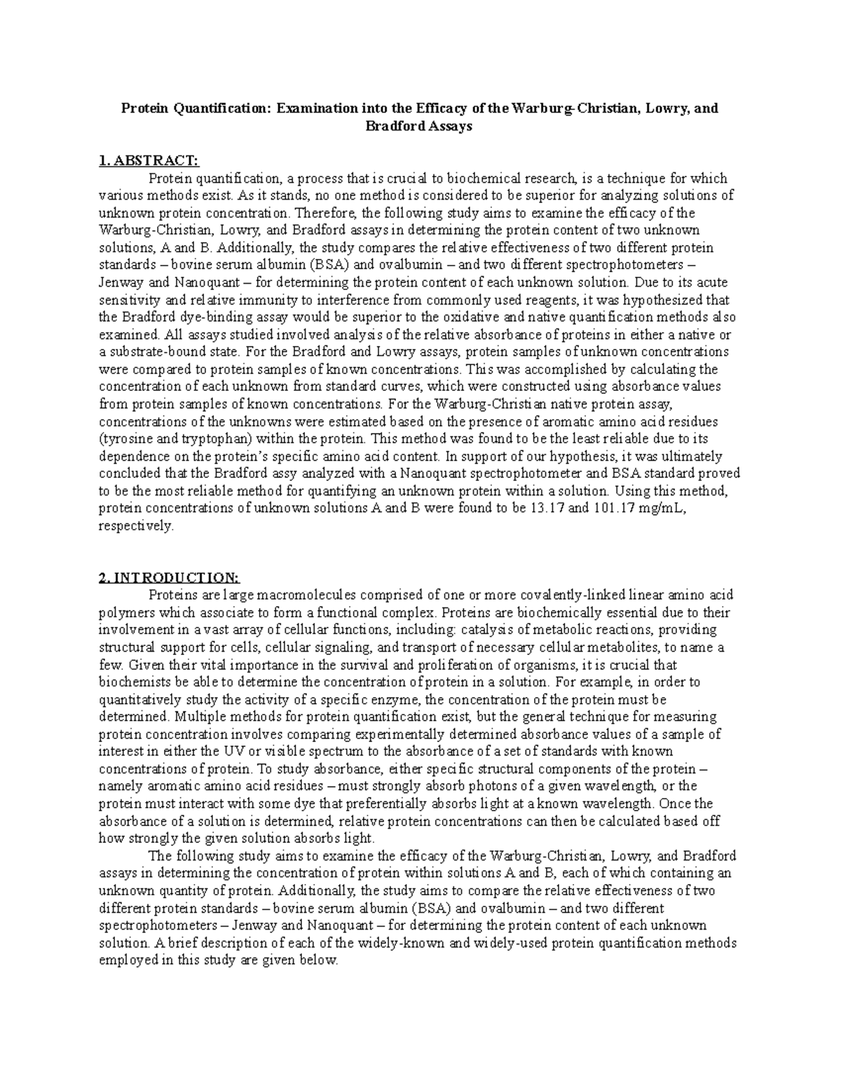 Lab 4 Formal Report - Protein Quantification: Examination into the ...