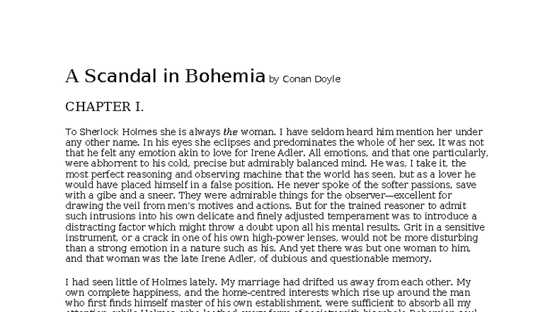 A Scandal in Bohemia - Sherlock Holmes CHAPTER I Analysis - Studocu