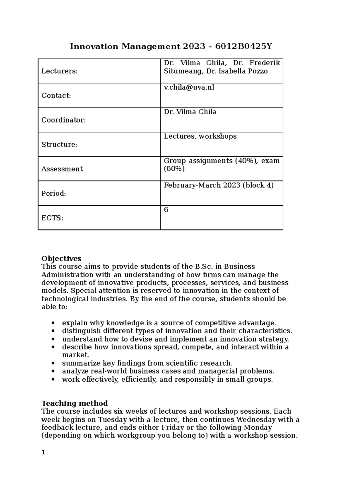 Innovation Management Course Manual IM 6012B0425Y 2023 - Studeersnel