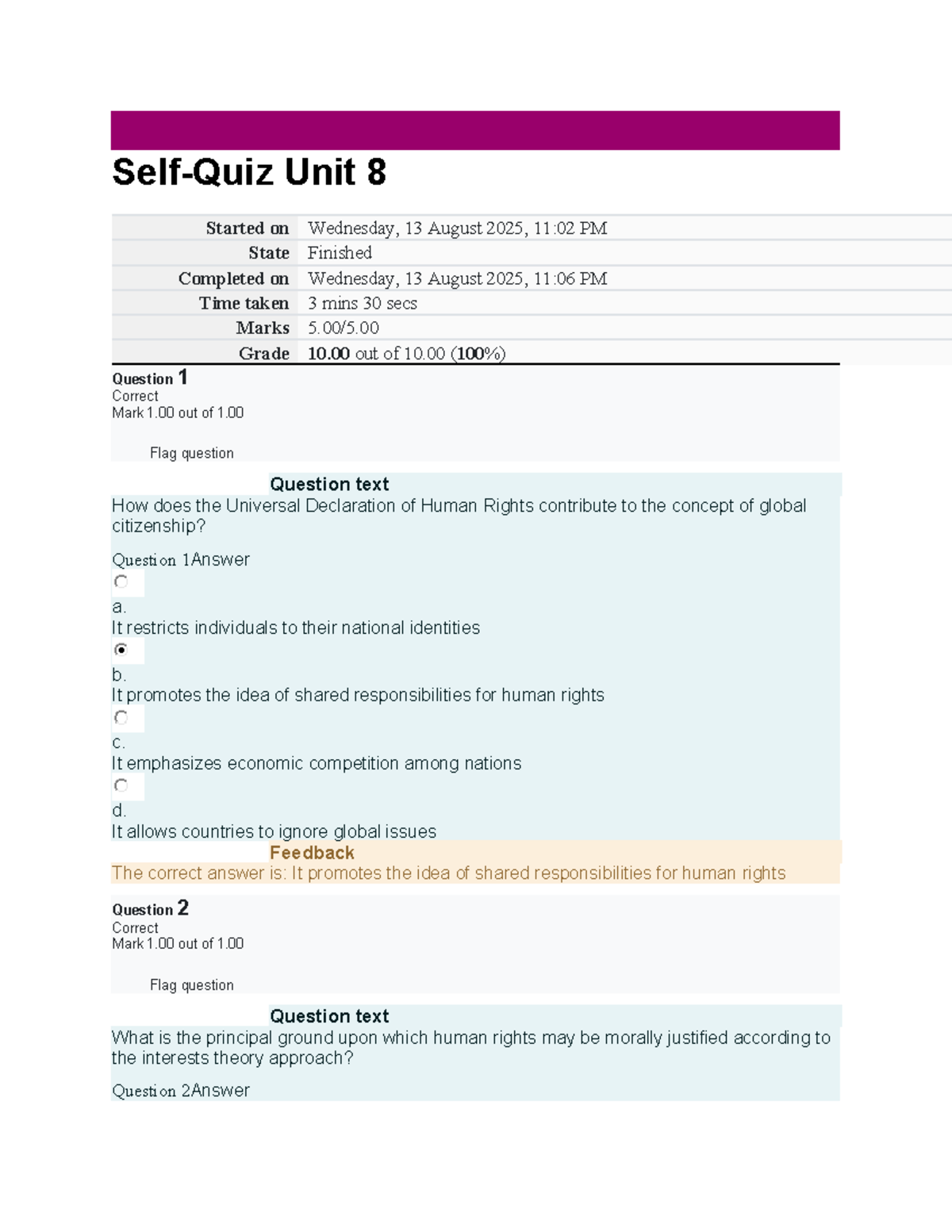Self-Quiz Unit 8: Human Rights & Global Citizenship Insights - Studocu