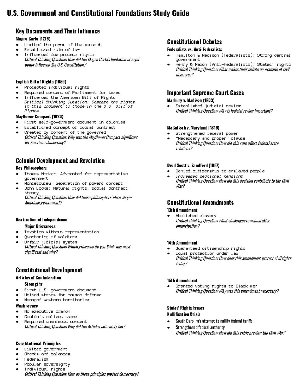 U.S. Government & Constitutional Foundations Study Guide: Key Concepts ...
