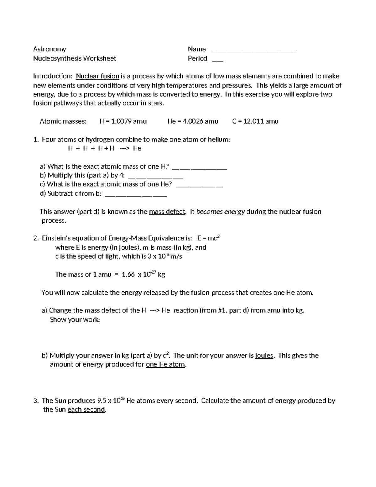 Nucleosynthesis Worksheet - Stars (Astronomy) - Studocu