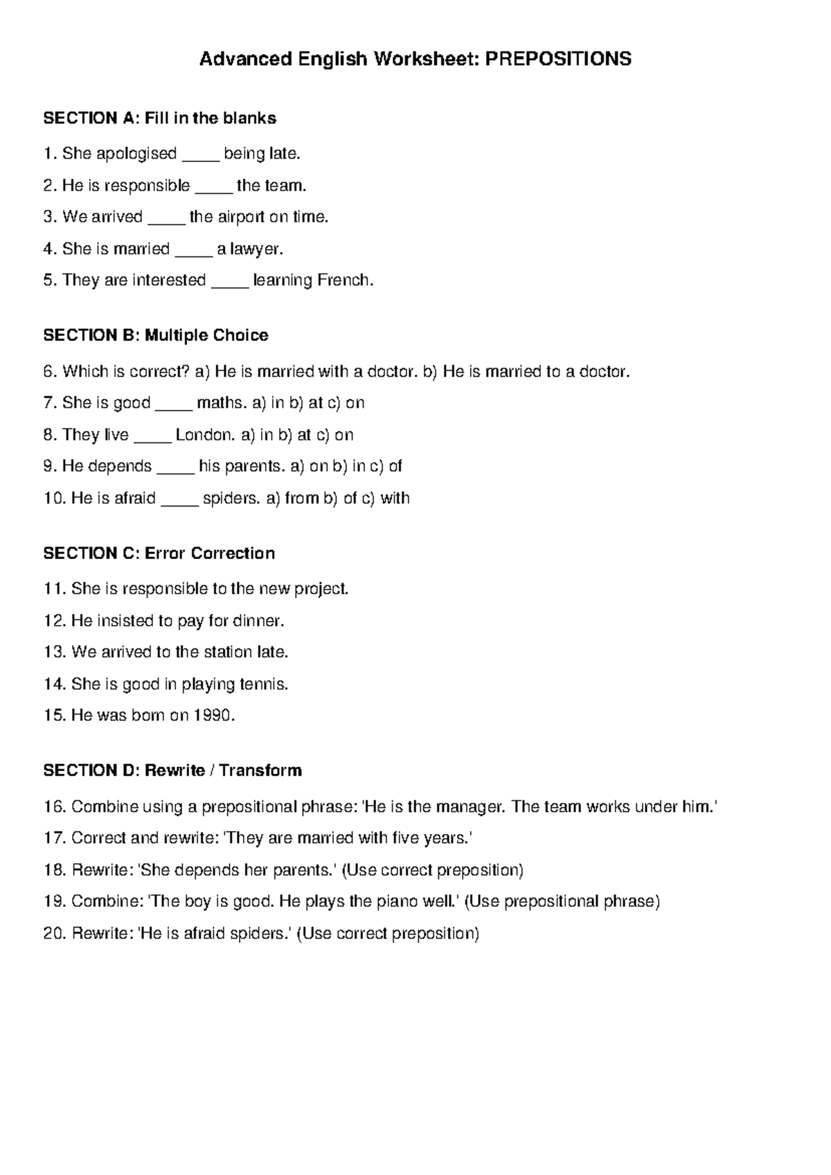 Advanced English Worksheet: Prepositions Practice - Studocu