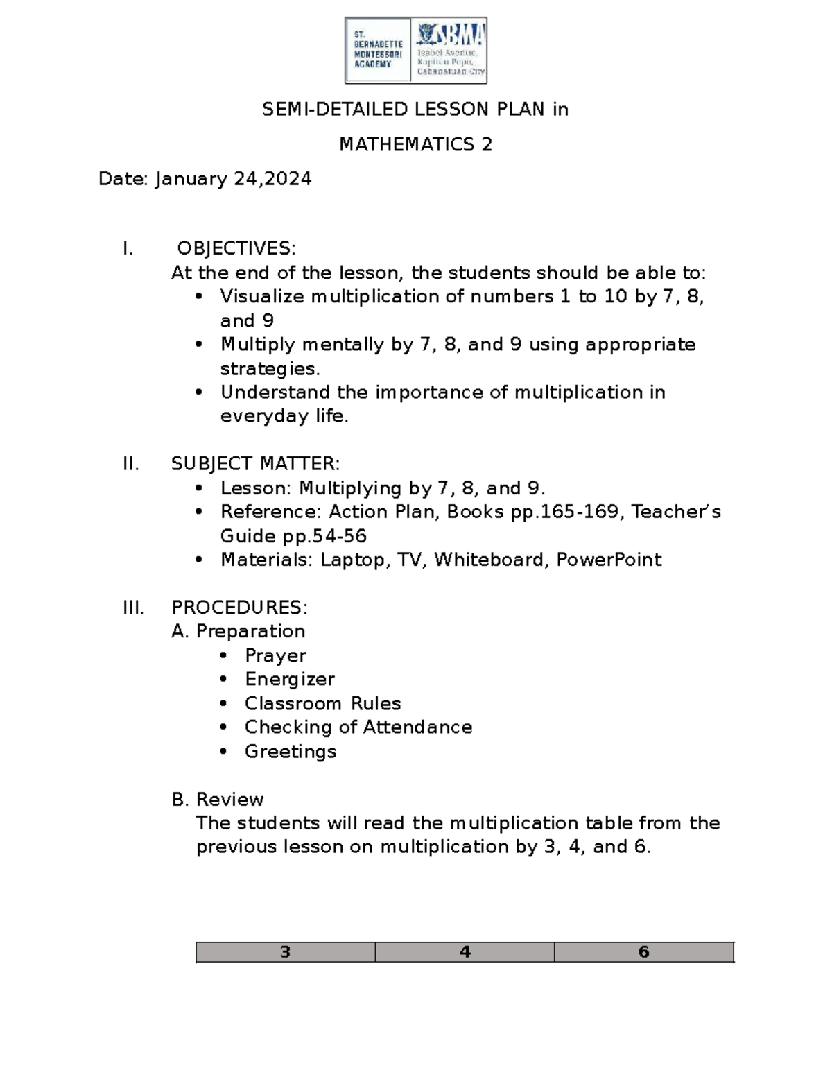 SEMI-Detailed Lesson Plan in Mathematics 2: Multiplying 7, 8, and 9 ...
