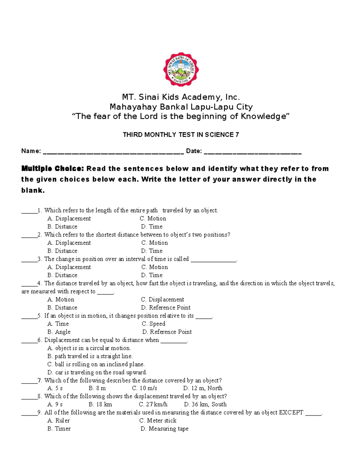 3rd Monthly Test in Science 7: Understanding Motion and Displacement ...