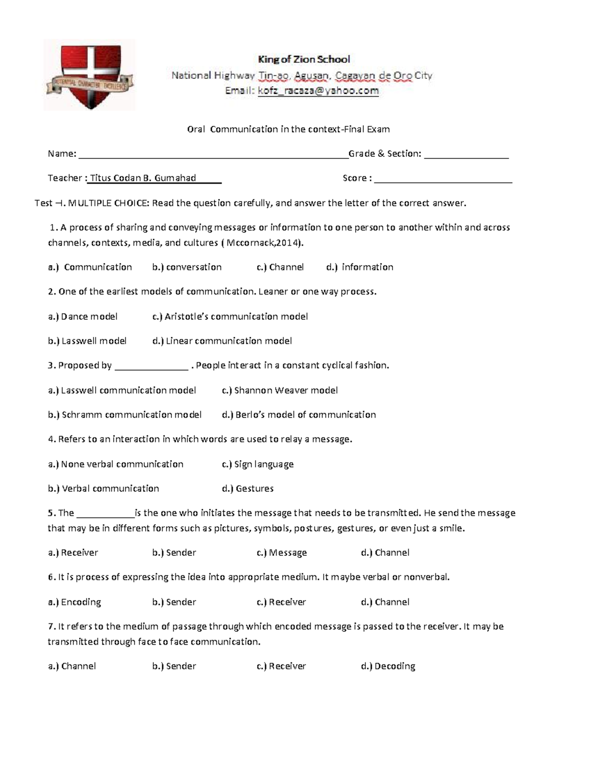 G-11 Oral Communication Final Exam Review and Practice Questions - Studocu