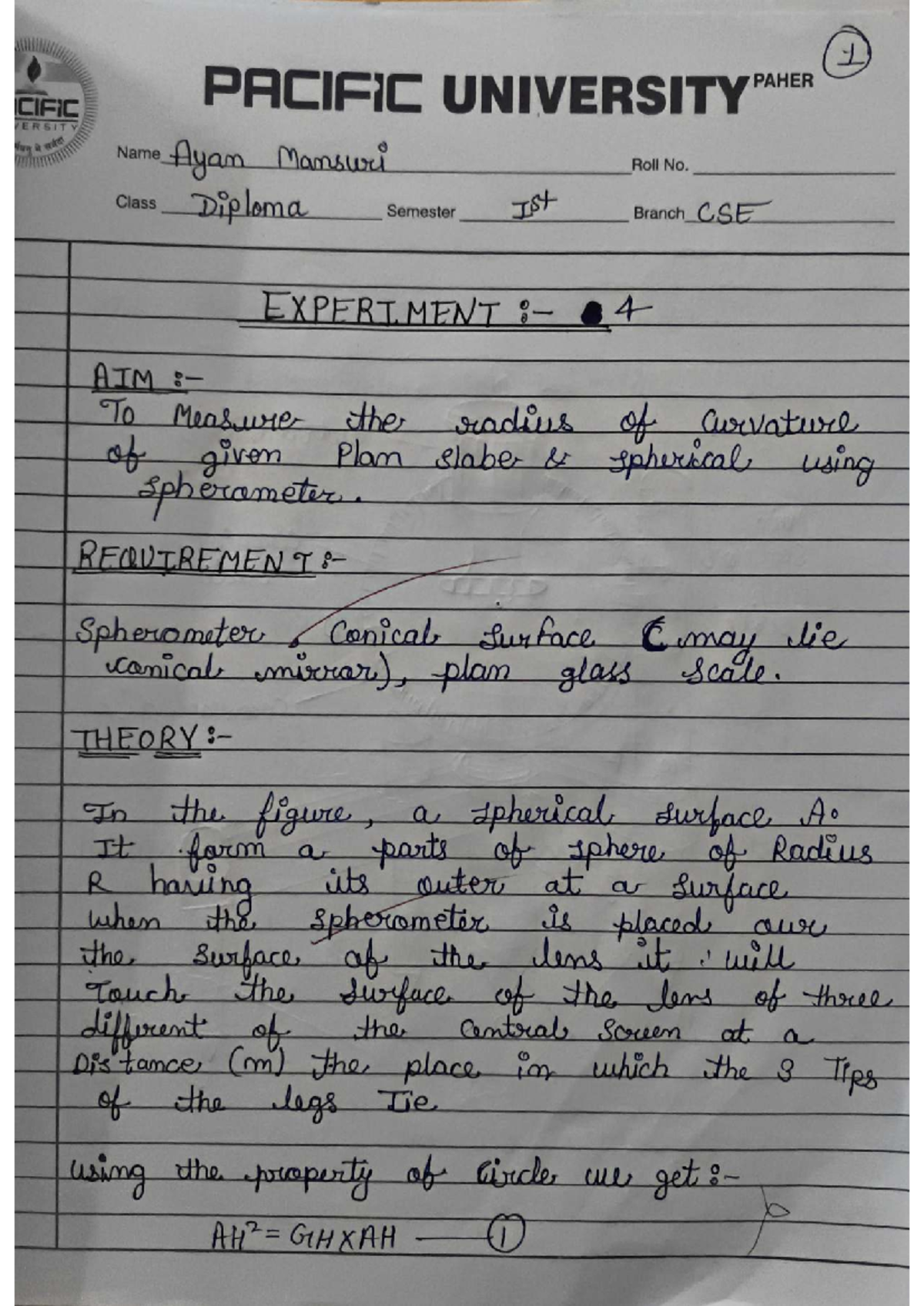 CSE Diploma Semester 1: Experiment 4 - Measuring Radius of Curvature ...