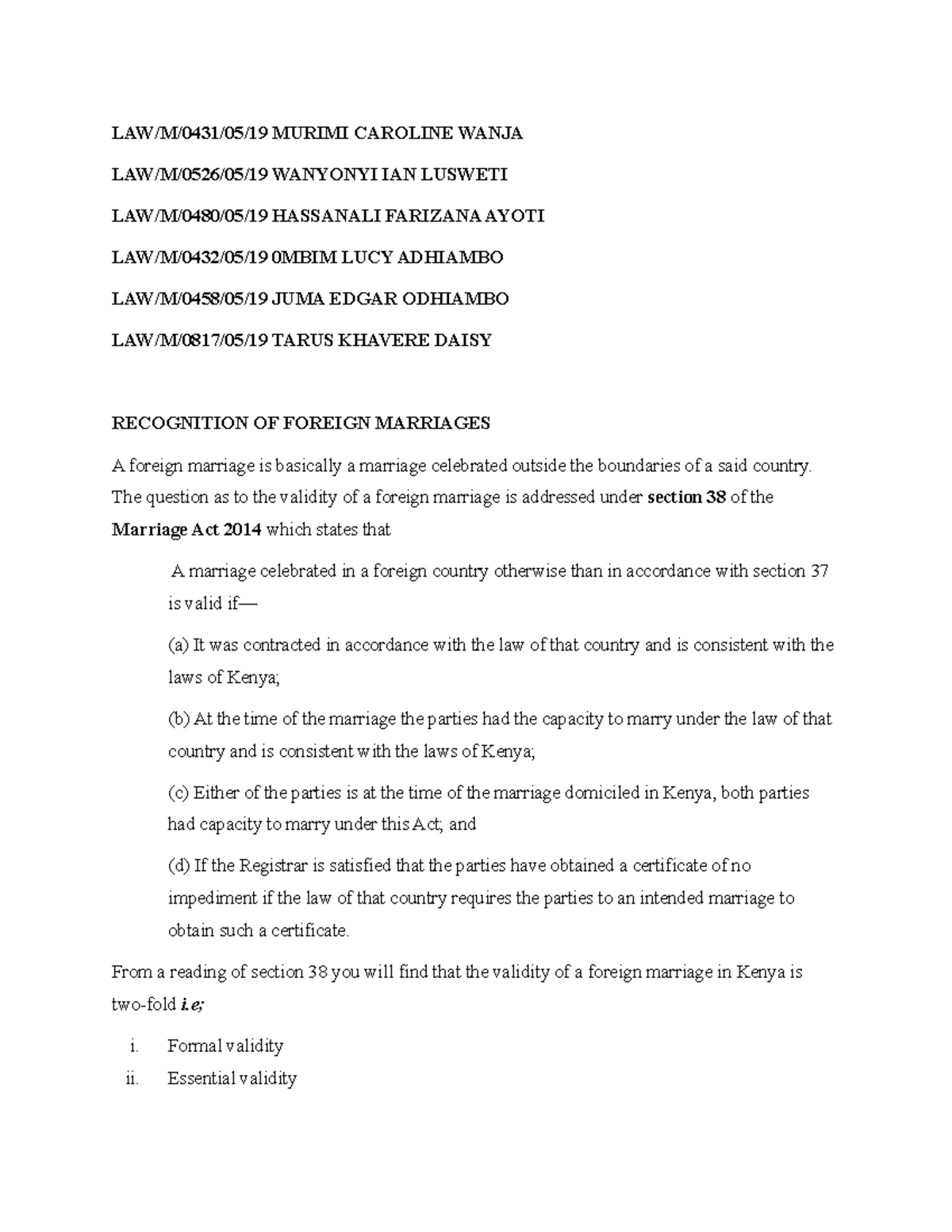 Can a foreign marriage be recognized in Kenya - LAW/M/0431/05/19 MURIMI ...