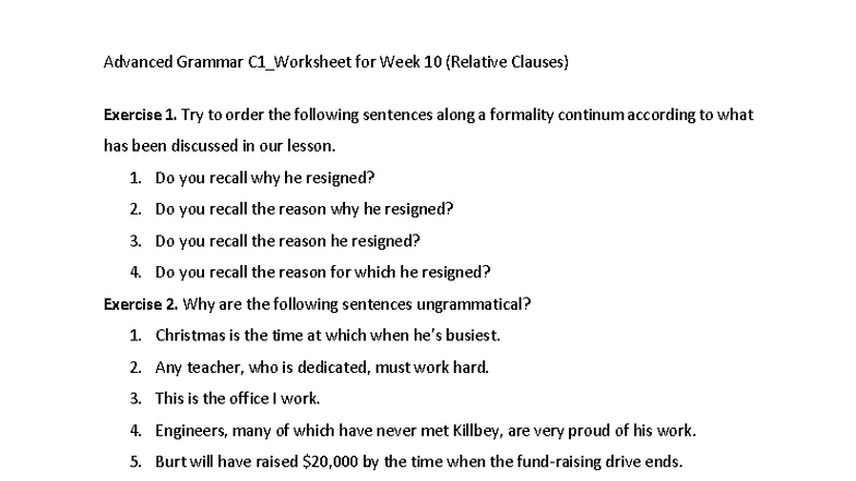 Advanced Grammar C1_Worksheet for Week 10 - Relative Clauses Exercises ...