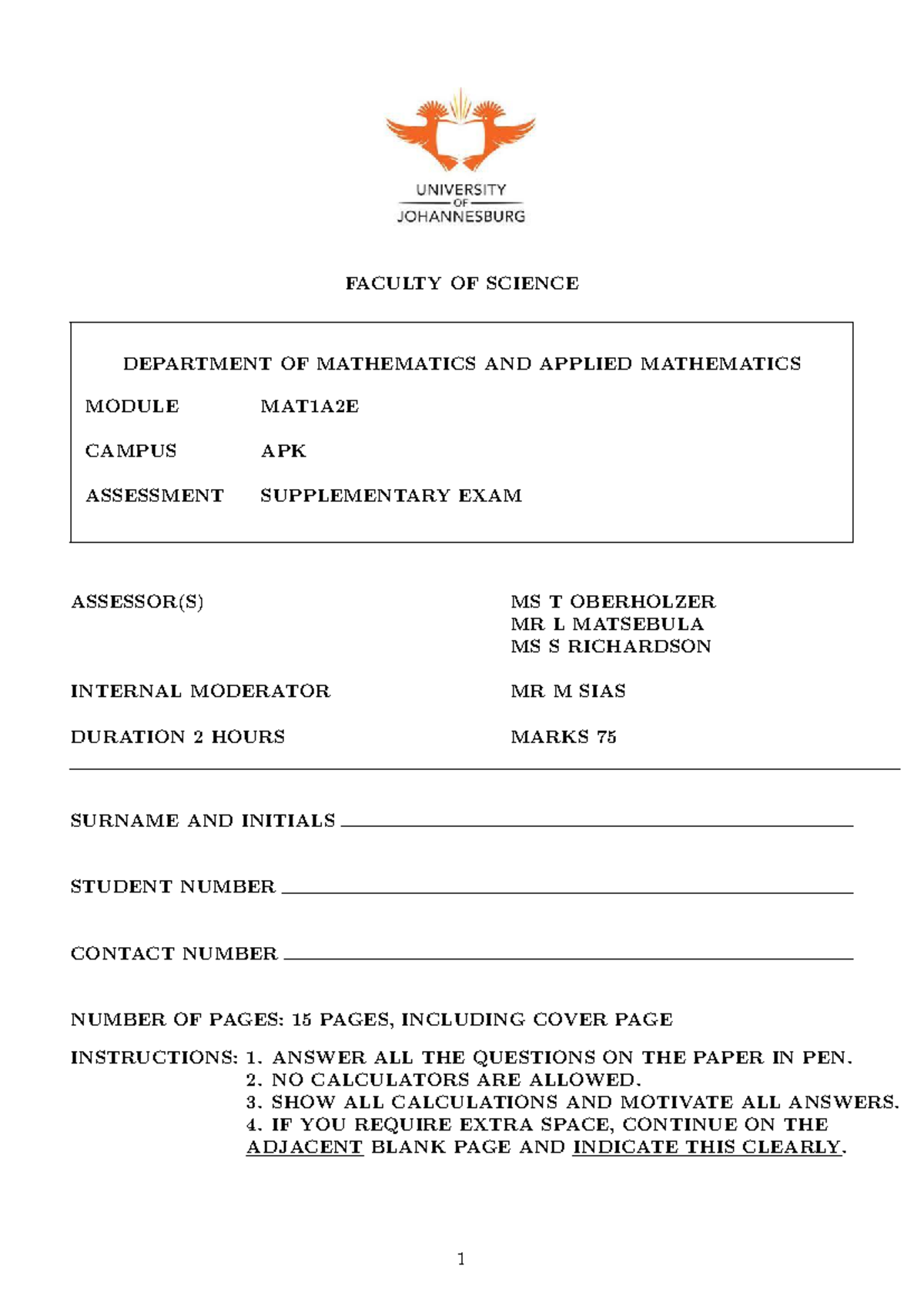 MAT1A2E January 2020 Supplementary Exam Questions and Solutions - Studocu