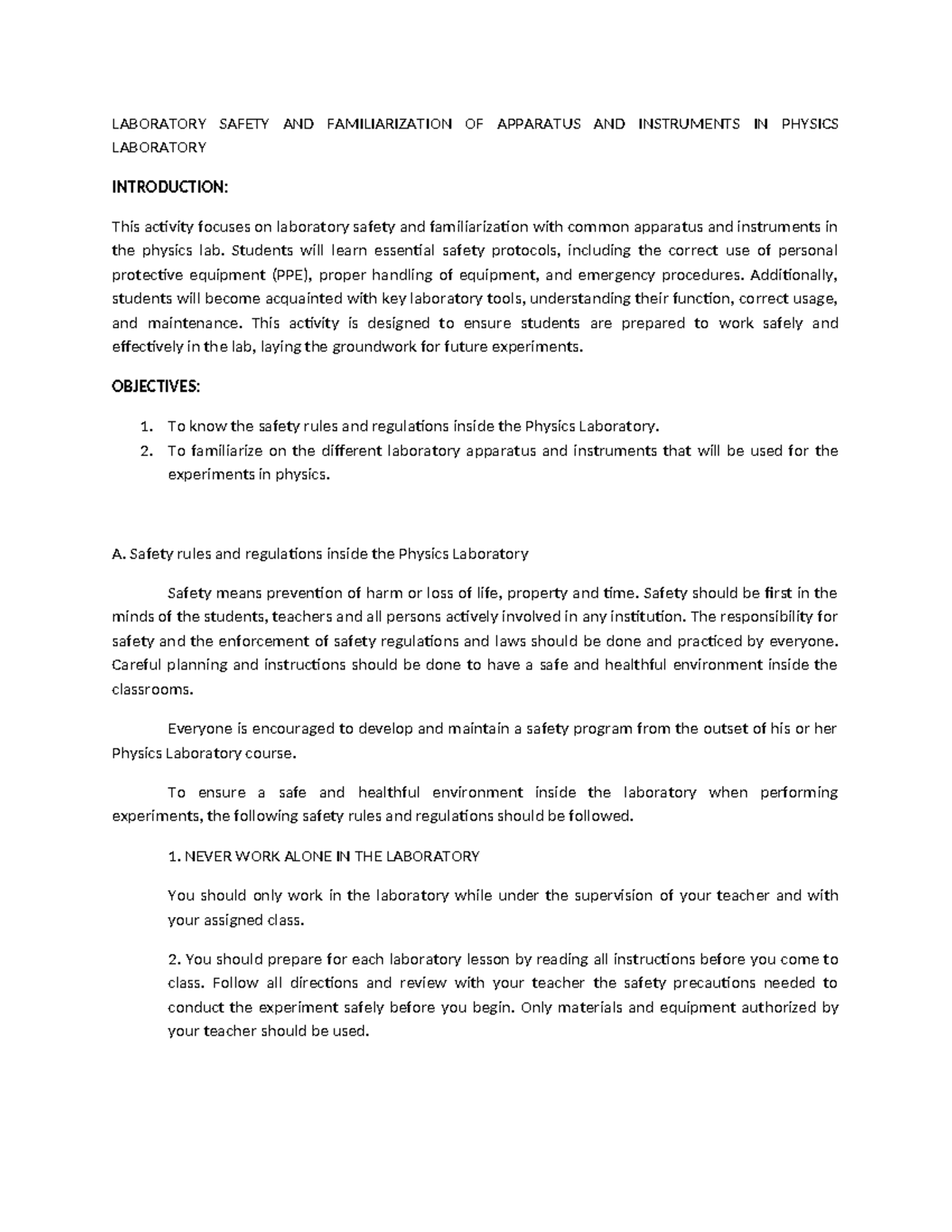 Laboratory Safety AND Familiarization OF Apparatus AND Instruments IN ...