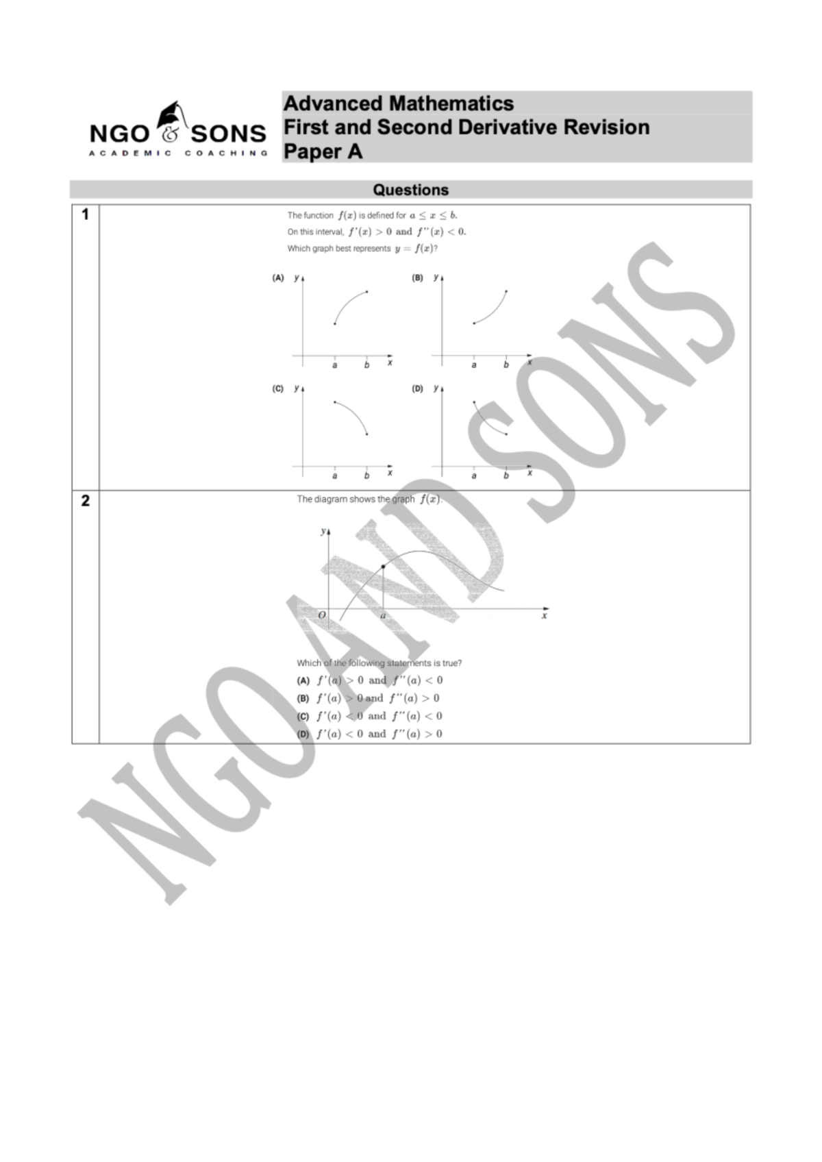 Advanced Mathematics NGO SONS First & Second Derivative Revision Paper ...