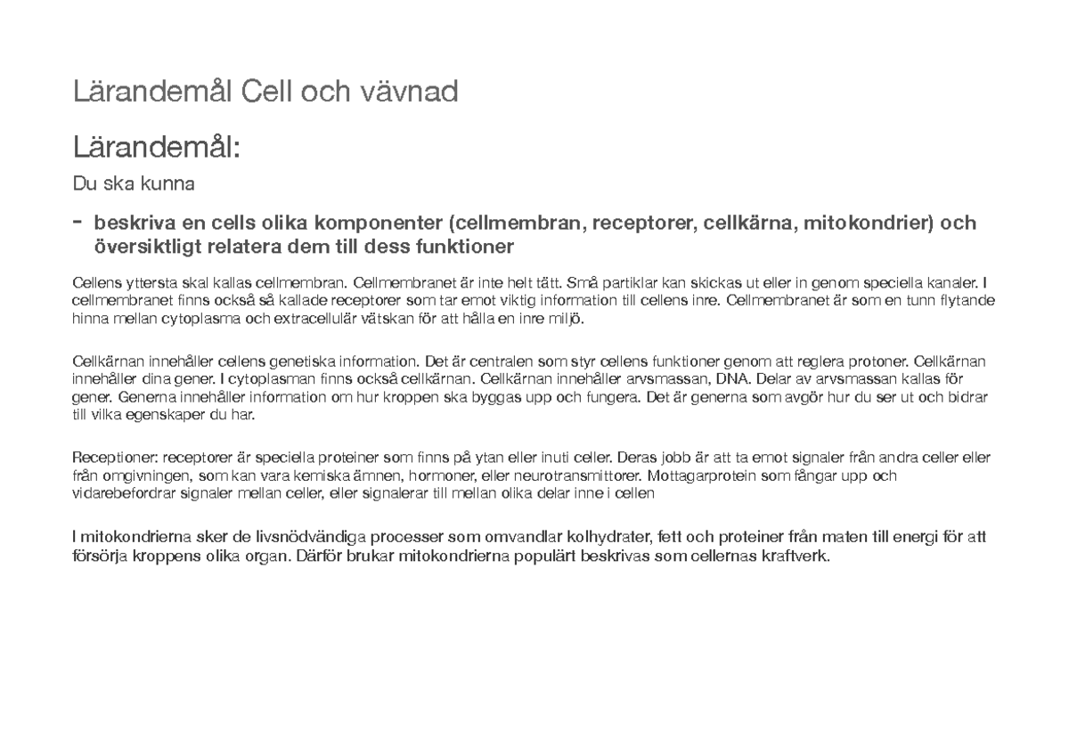 Cellens Komponenter och Funktioner - Lärandemål Biologi 1 - Studocu