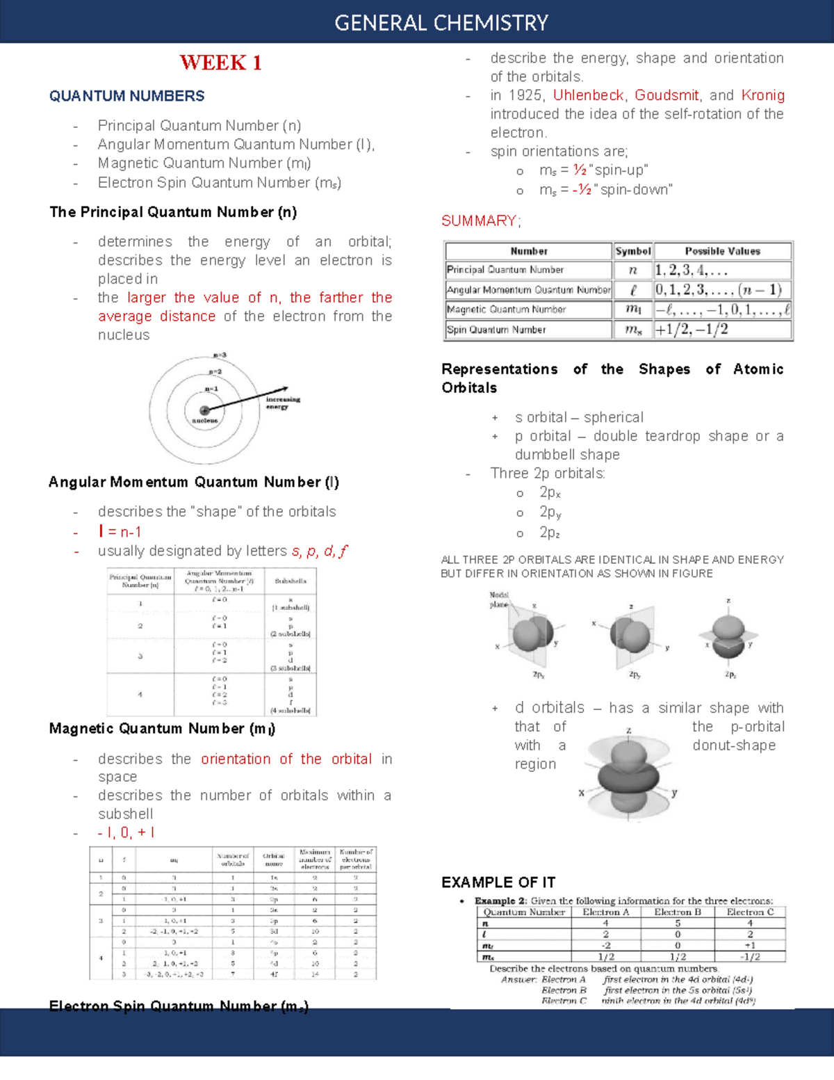 GEN CHEM 101 WEEK 1 REVIEW: QUANTUM NUMBERS & ORBITALS - Studocu