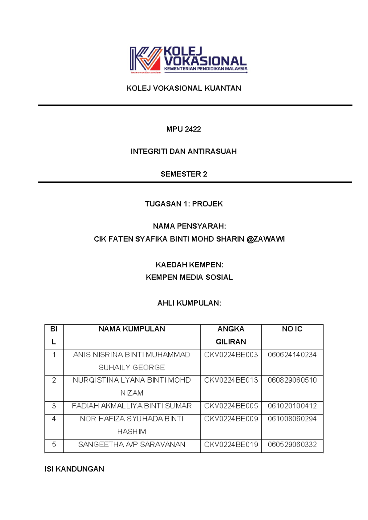 Laporan Projek Kempen Integriti dan Anti Rasuah MPU 2422 - Studocu