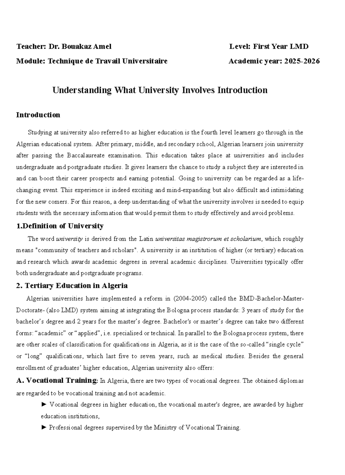 Study Skills Lesson 1: Understanding University Life - LMD 1st Year ...