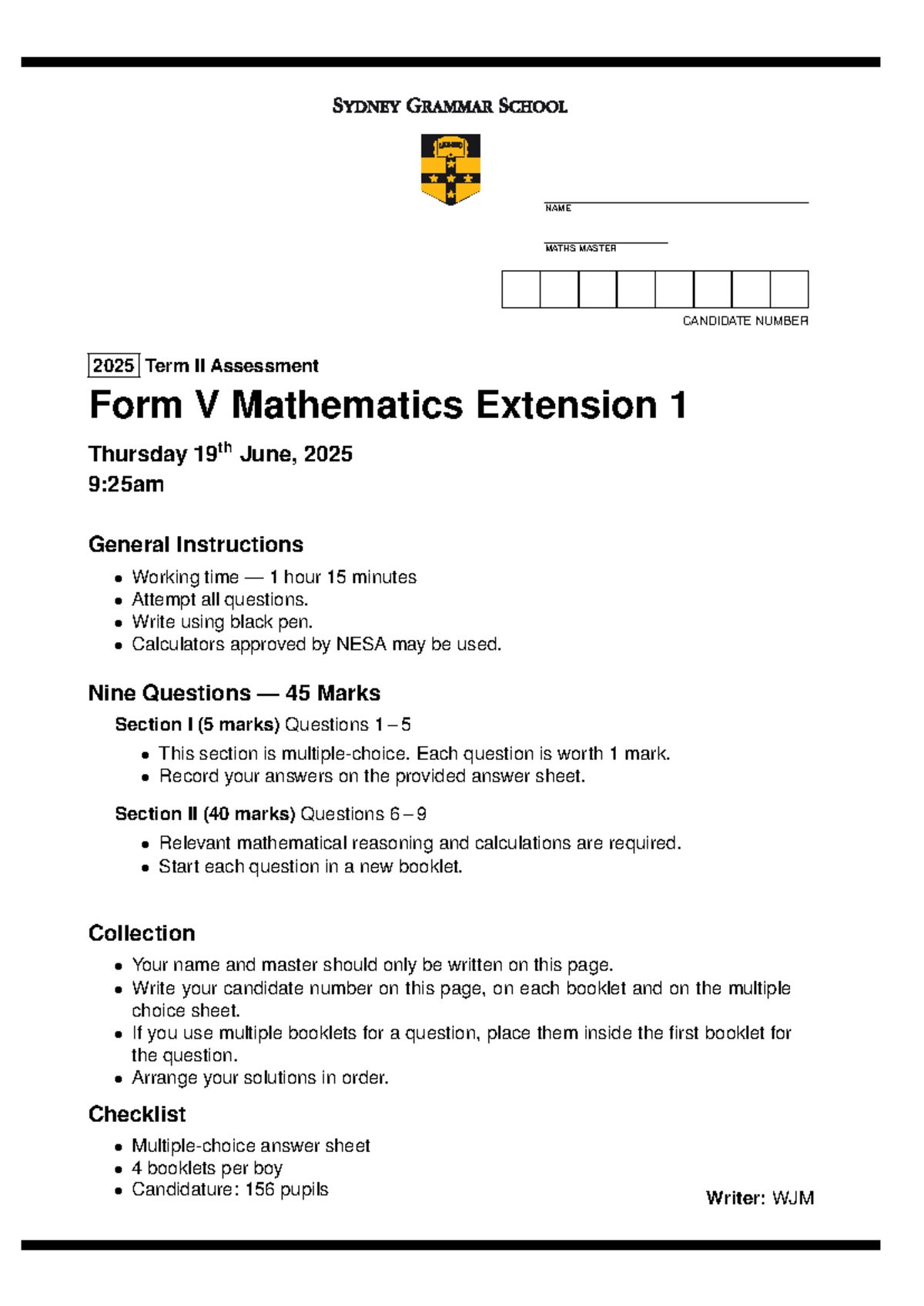 2025 5MM3 Term II Assessment Form V Mathematics Extension 1 - Studocu