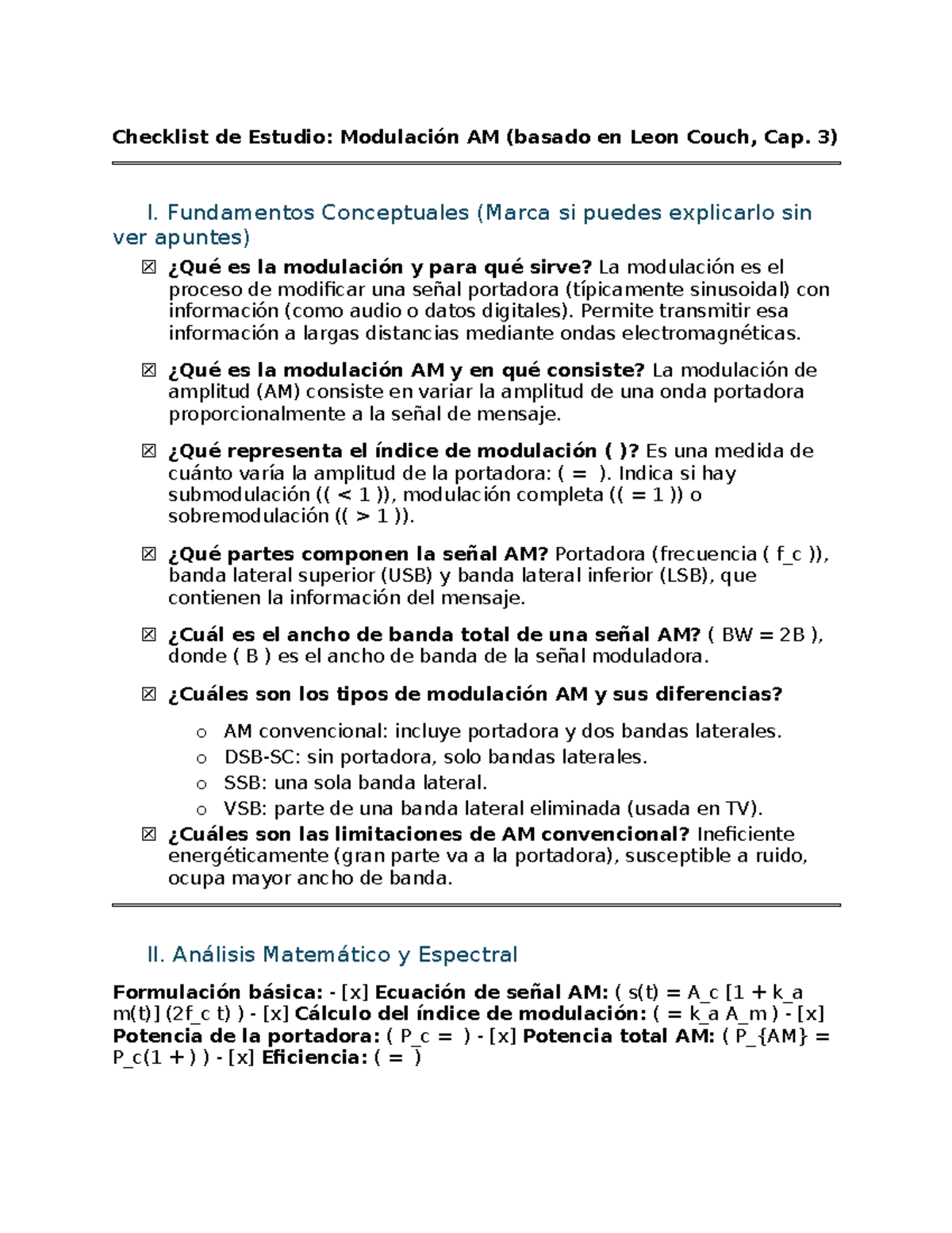 Checklist de Estudio: Modulación AM (Leon Couch, Cap. 3) - Studocu