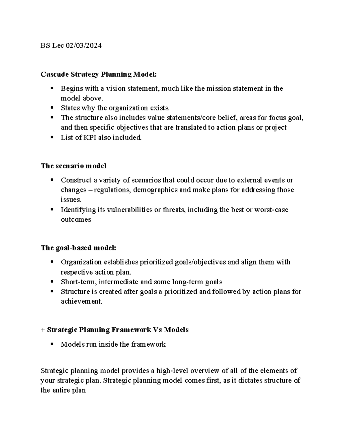 BS 301 Lecture 02: Cascade Strategy Planning Model Overview - Studocu