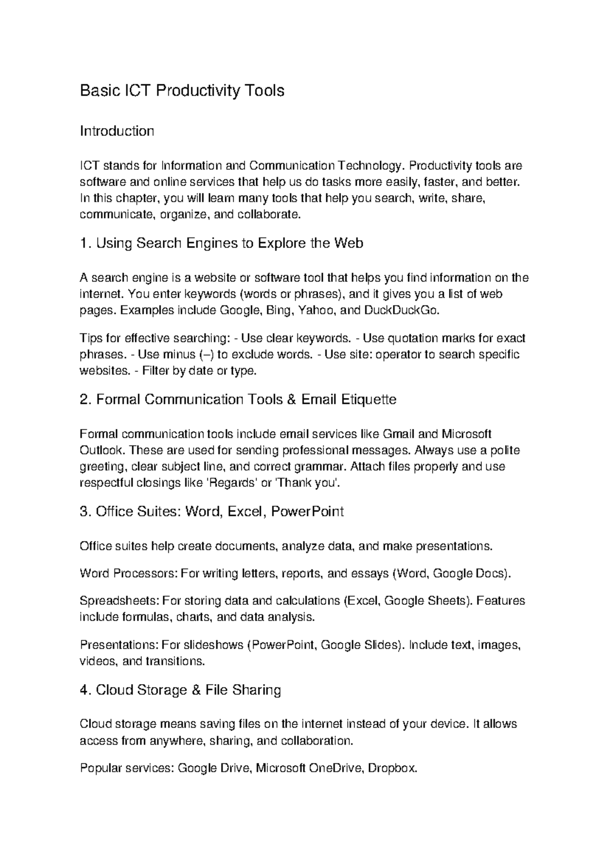 Basic ICT Productivity Tools: A Comprehensive Overview - Studocu