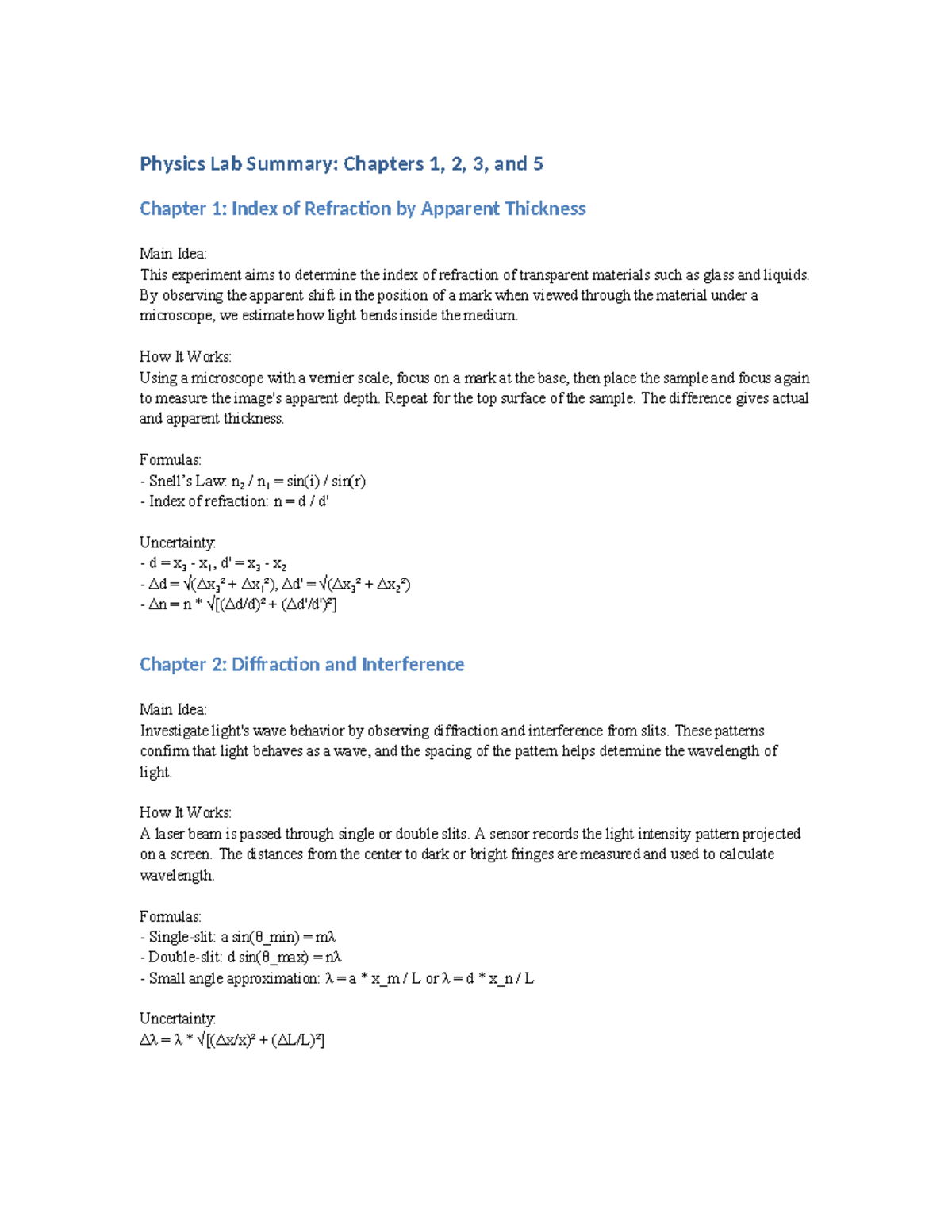 Physics Lab Summary and Cheat Sheet - Physics Lab Summary: Chapters 1 ...