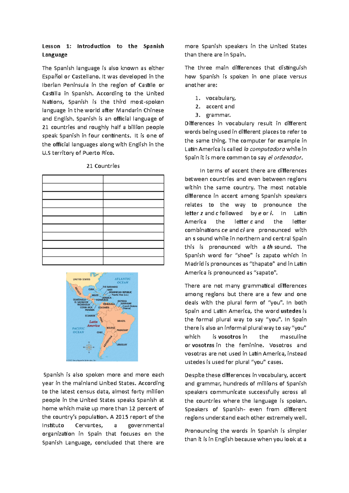 Module 1: Introduction to the Spanish Language - Lesson 1 Notes - Studocu