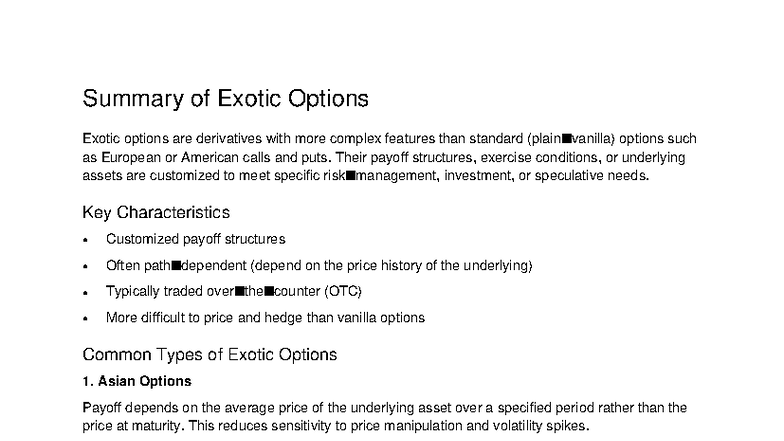 Exotic Options Summary: Key Features & Types Overview - Studocu