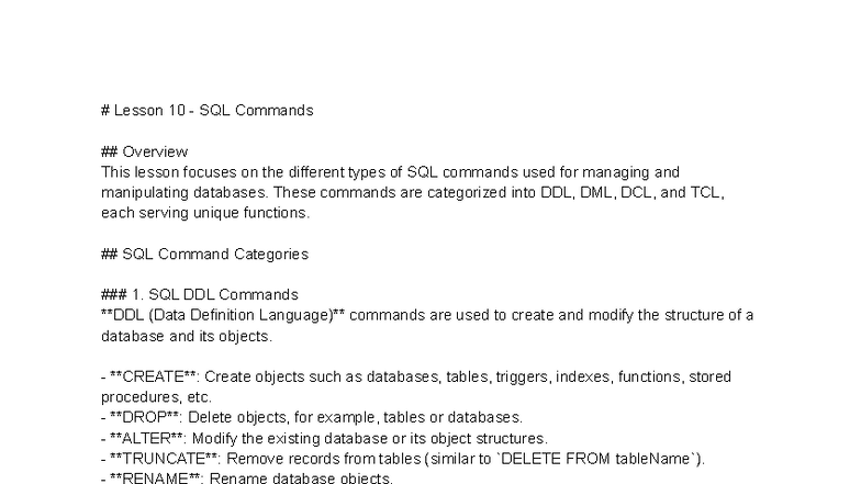 Lesson 10: Overview of SQL Commands and Constraints (Revision 1) - Studocu