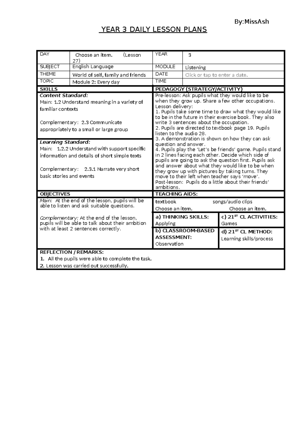 Year 3 English Language Daily Lesson Plans (Module 2: Every Day) - Studocu