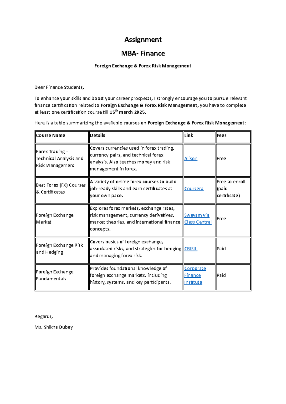 Assignment Certification - Assignment MBA- Finance Foreign Exchange ...