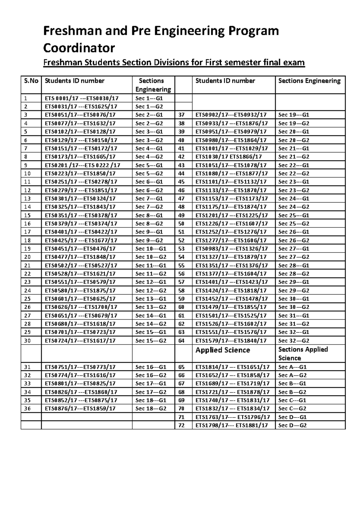 Section assignment new - Freshman and Pre Engineering Program ...