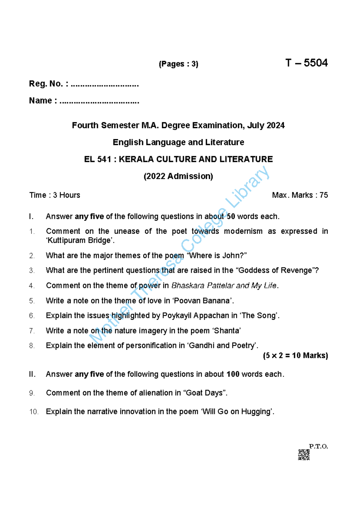 Kerala Culture and Literature EL 541: Fourth Sem Exam Questions T-5504 ...
