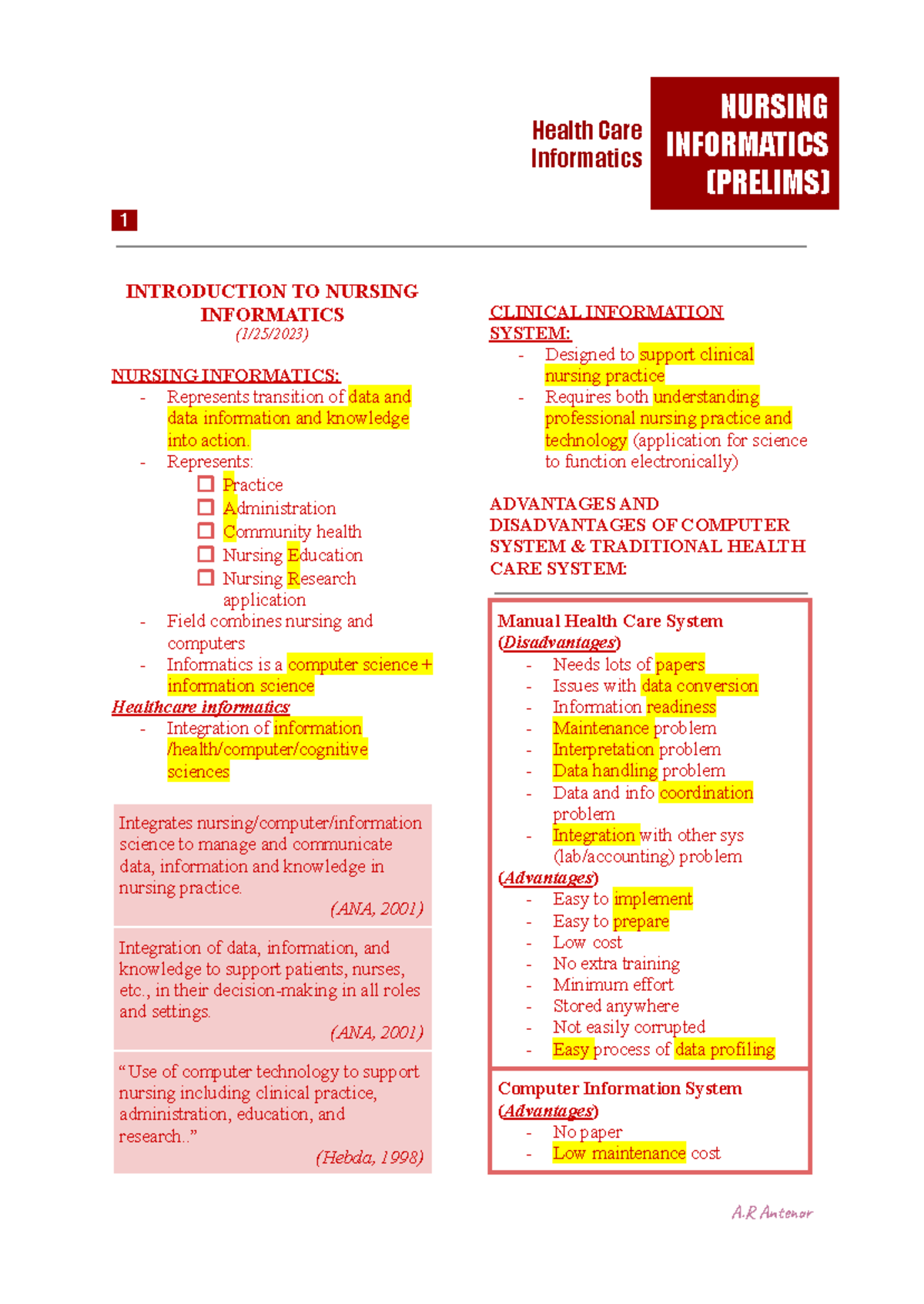 Nursing Informatics (NUR 101) - Prelim Study Notes - Studocu