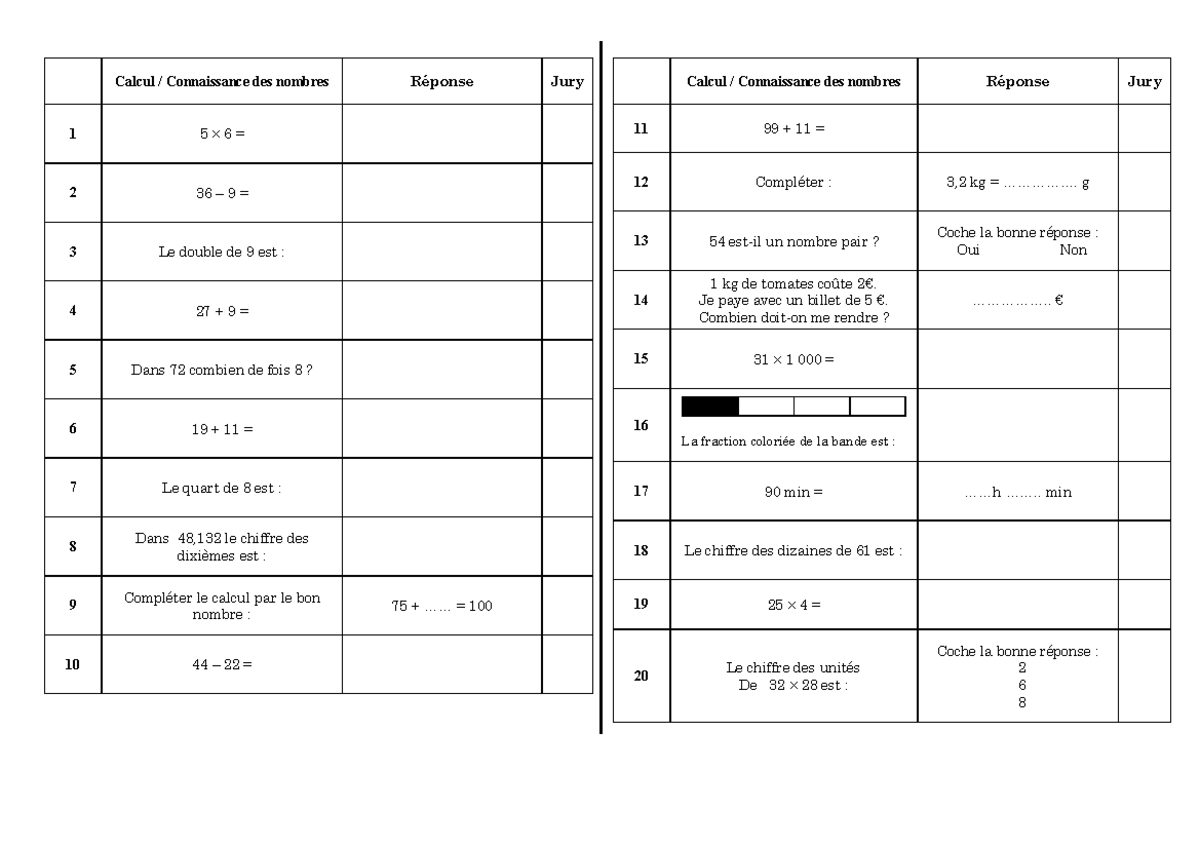 Sujets entrainement CM2 - Calcul / Connaissance des nombres Réponse ...