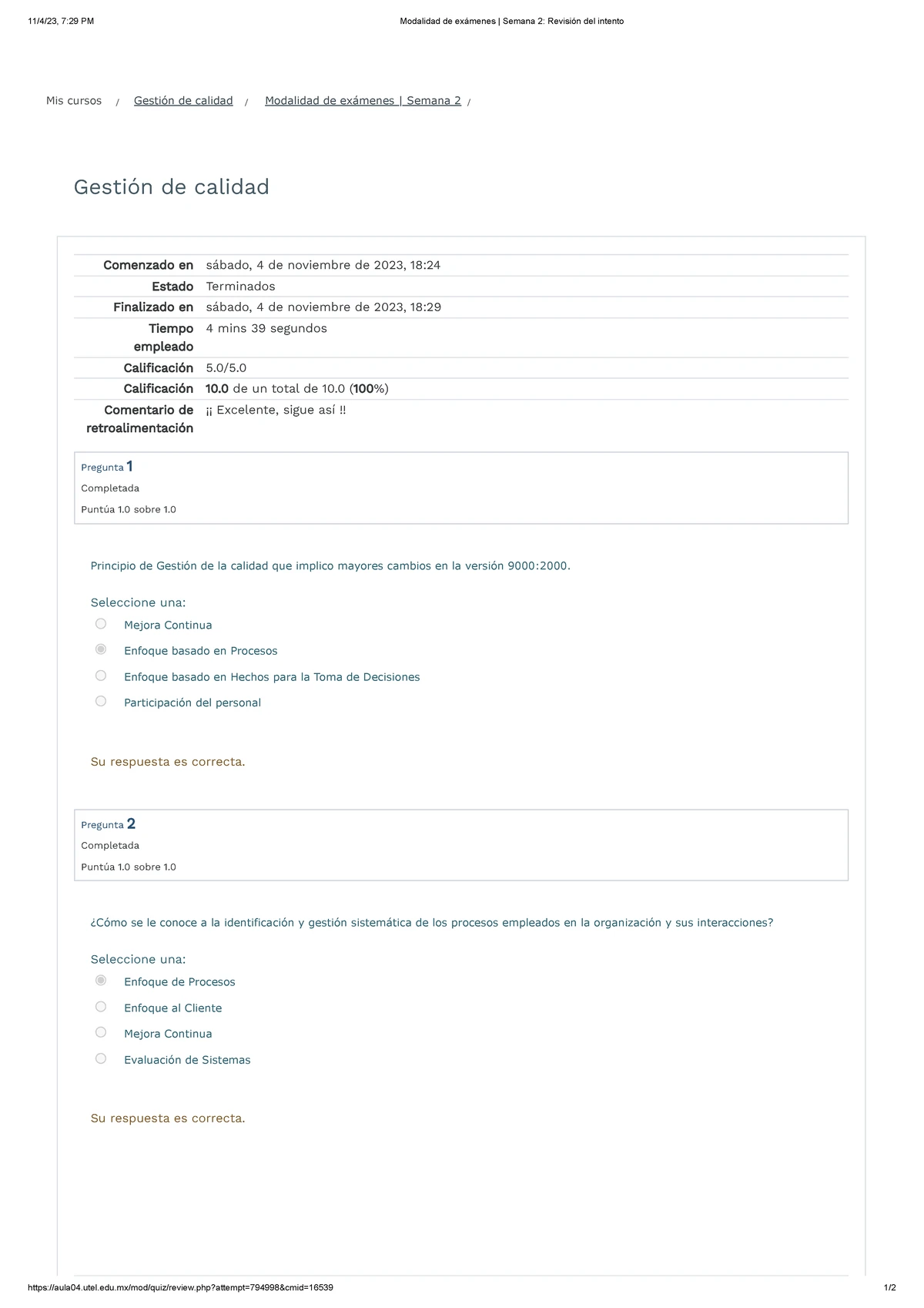 Modalidad de exámenes Semana 6 Revisión del intento - - Studocu