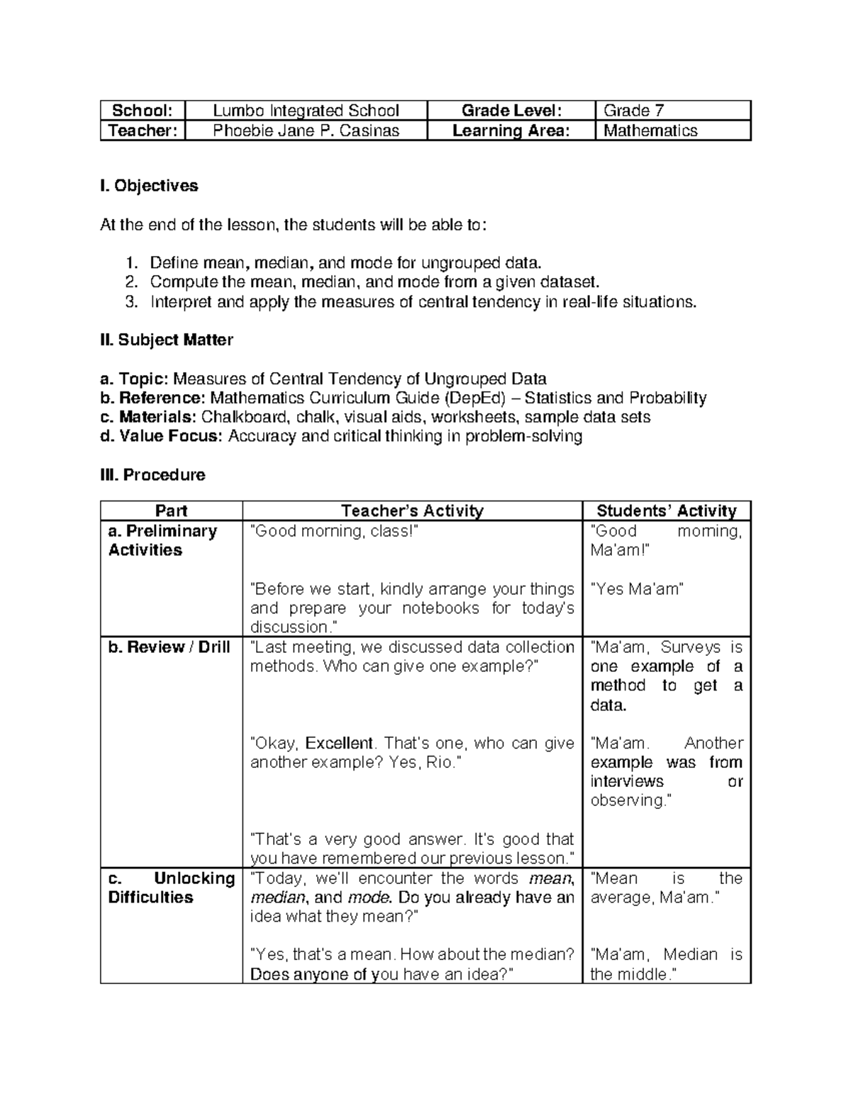 Grade 7 Math Lesson Plan: Measures of Central Tendency - Studocu