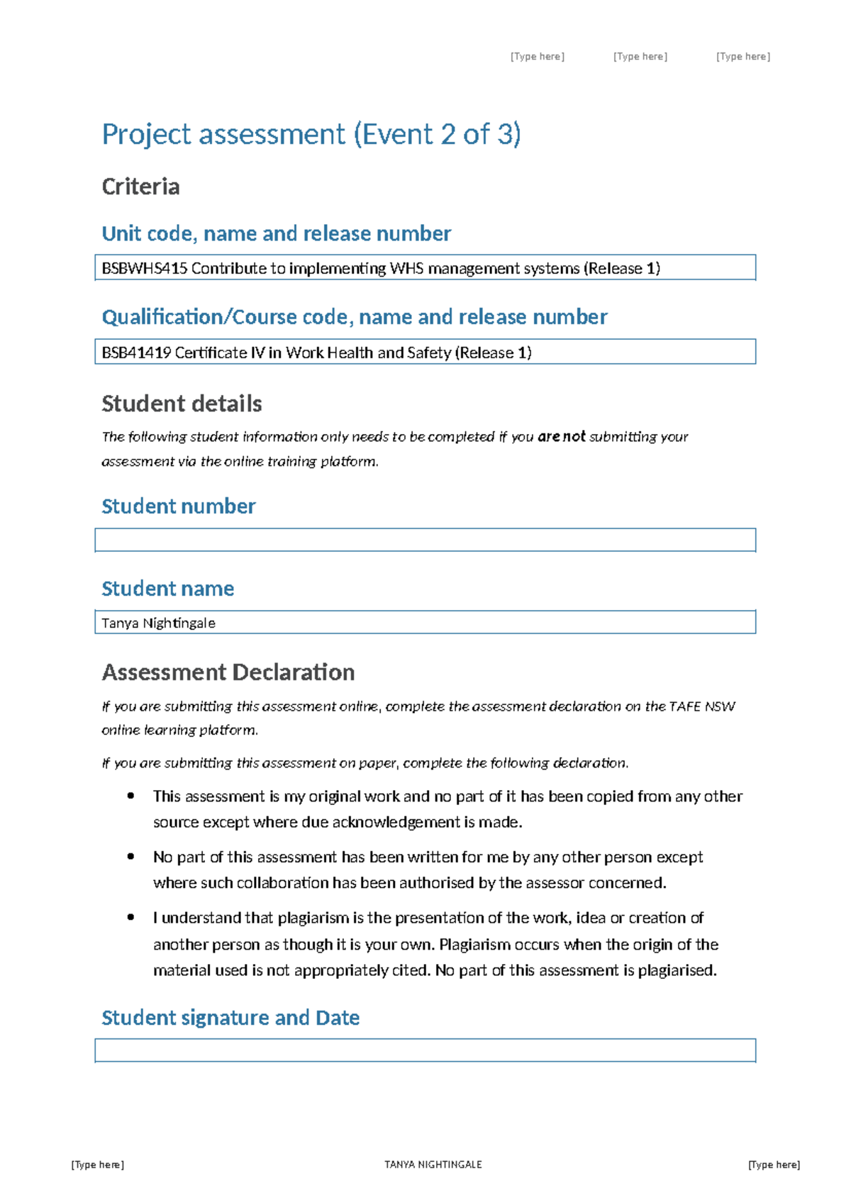 BSB41419 WHS Management Systems Implementation Plan - Event 2 of 3 - Studocu