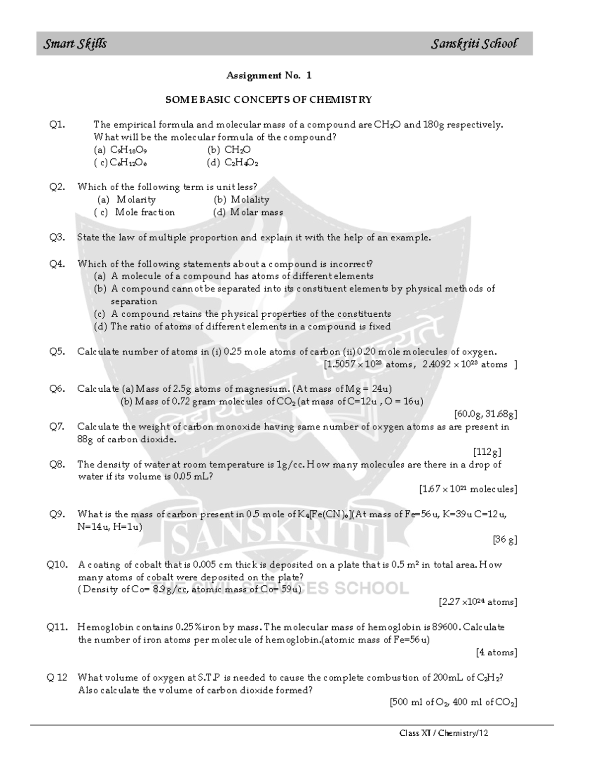 Chem XI most imp questions - Assignment No. 1 SOME BASIC CONCEPTS OF ...