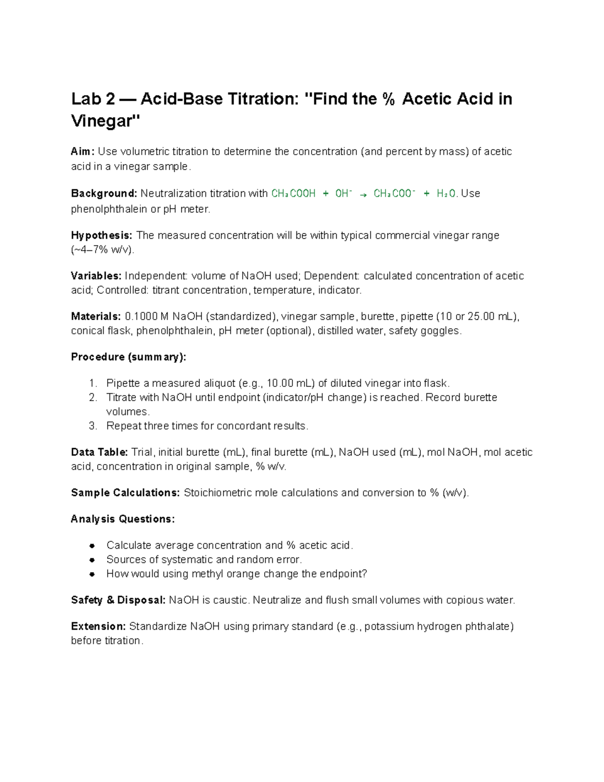 Lab 2 — Acid-Base Titration: % Acetic Acid in Vinegar Analysis - Studocu
